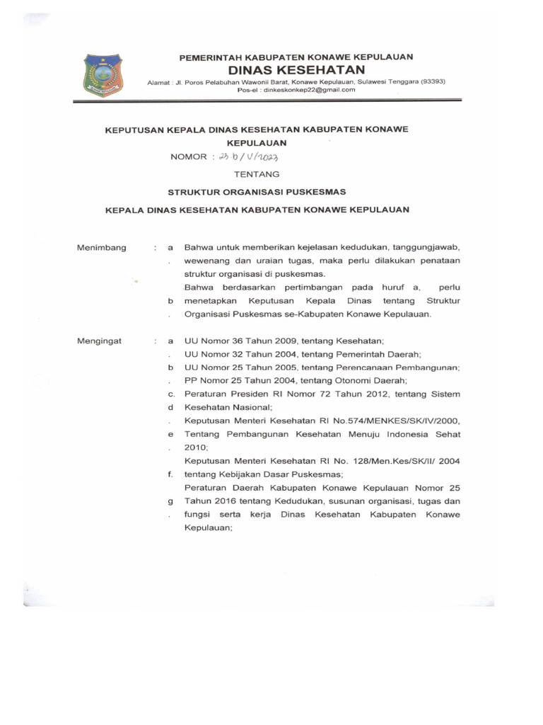 SK Kepala DinKes Tentang Organisasi PKM | PDF
