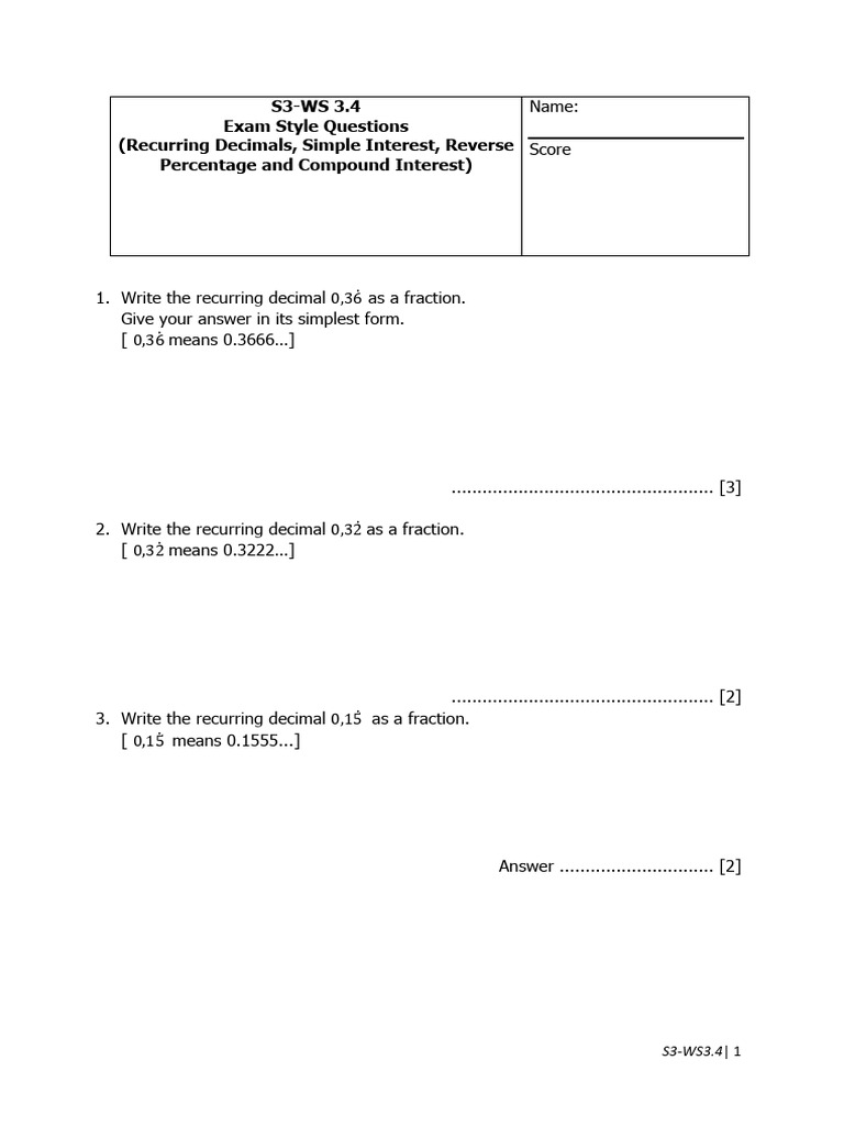 S3-WS3.4 Exam Style Questions (Percentage, Interest) | PDF | Interest ...