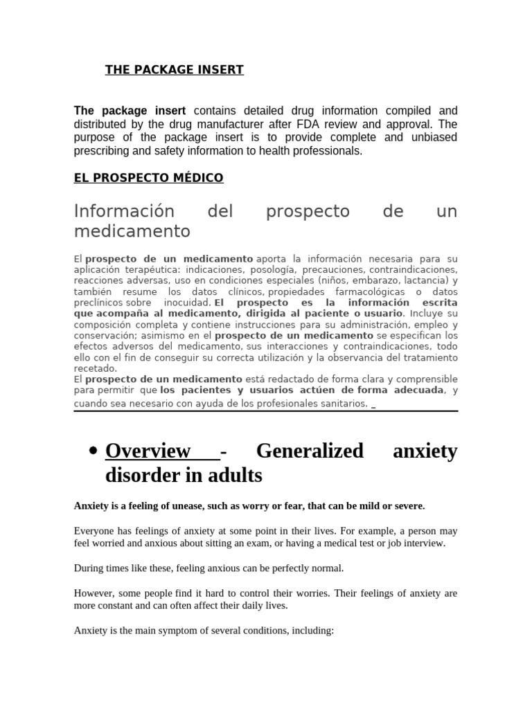 PACKAGE INSERT | PDF | Generalized Anxiety Disorder | Anxiety