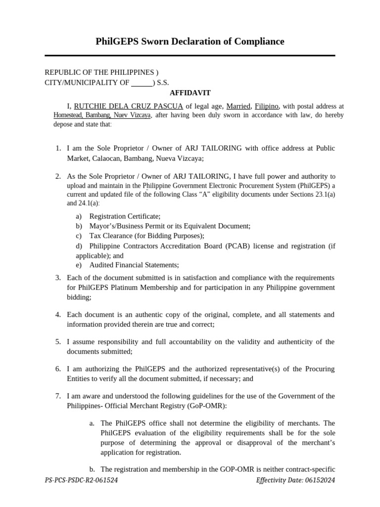 PhilGEPS Sworn Declaration of Compliance | PDF | Affidavit