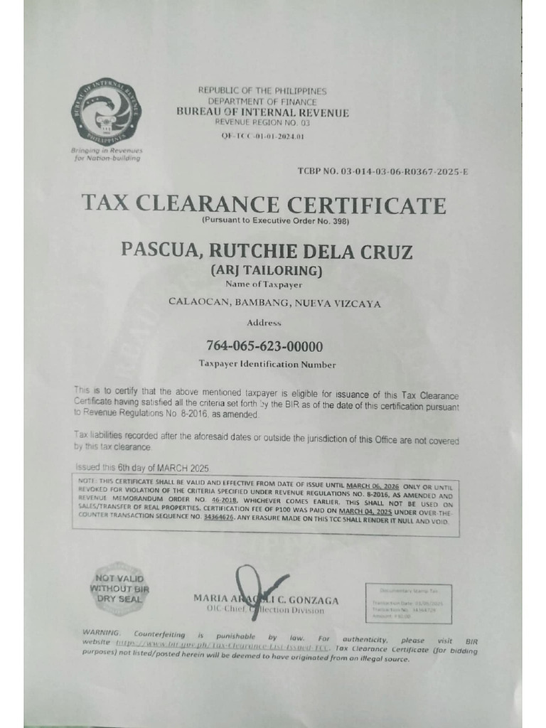 Tax Clearance Certificate | PDF