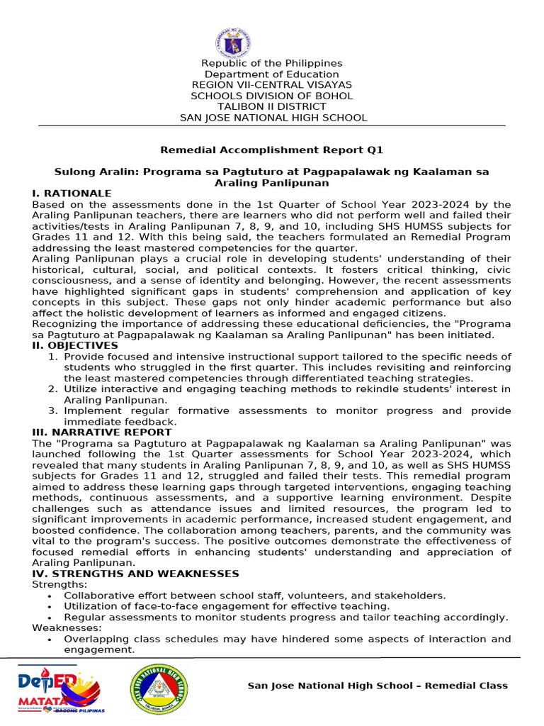 Ap Sbm-Remedial-Accomplishment-Report-1 | PDF | Learning | Social Sciences