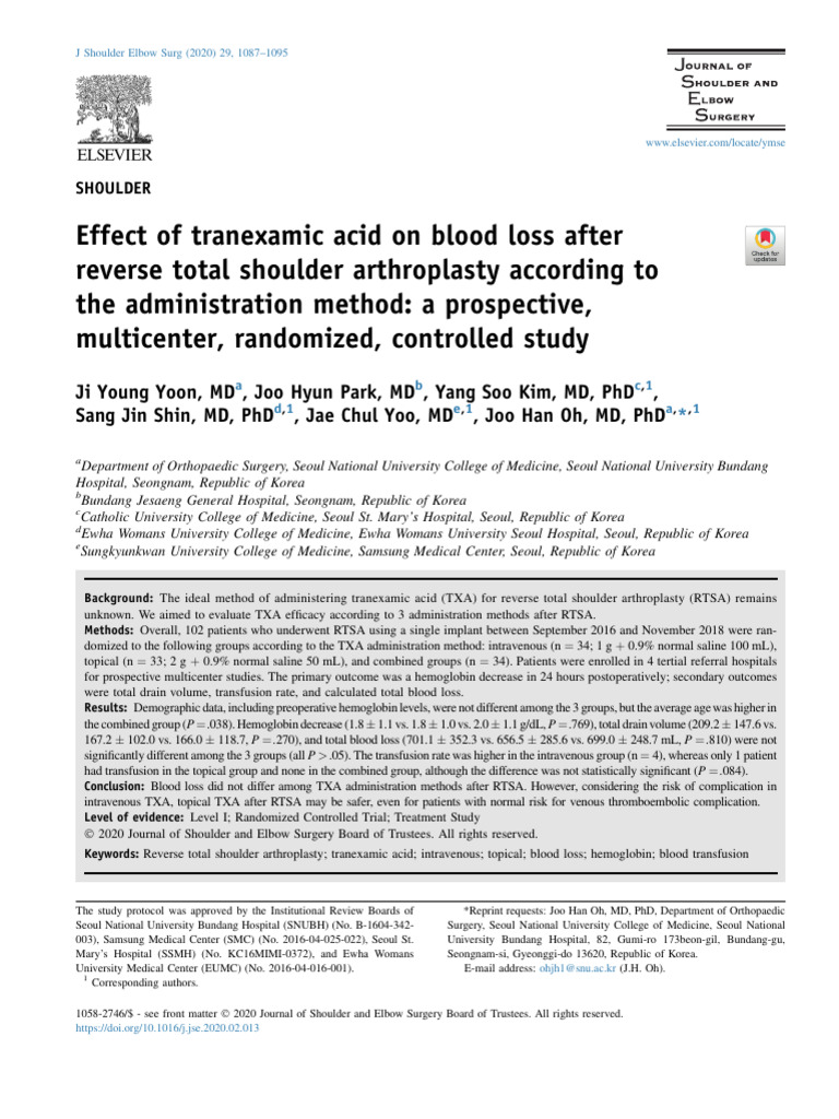 Effect of Tranexamic Acid On Blood Loss After Reverse Total Shoulder ...