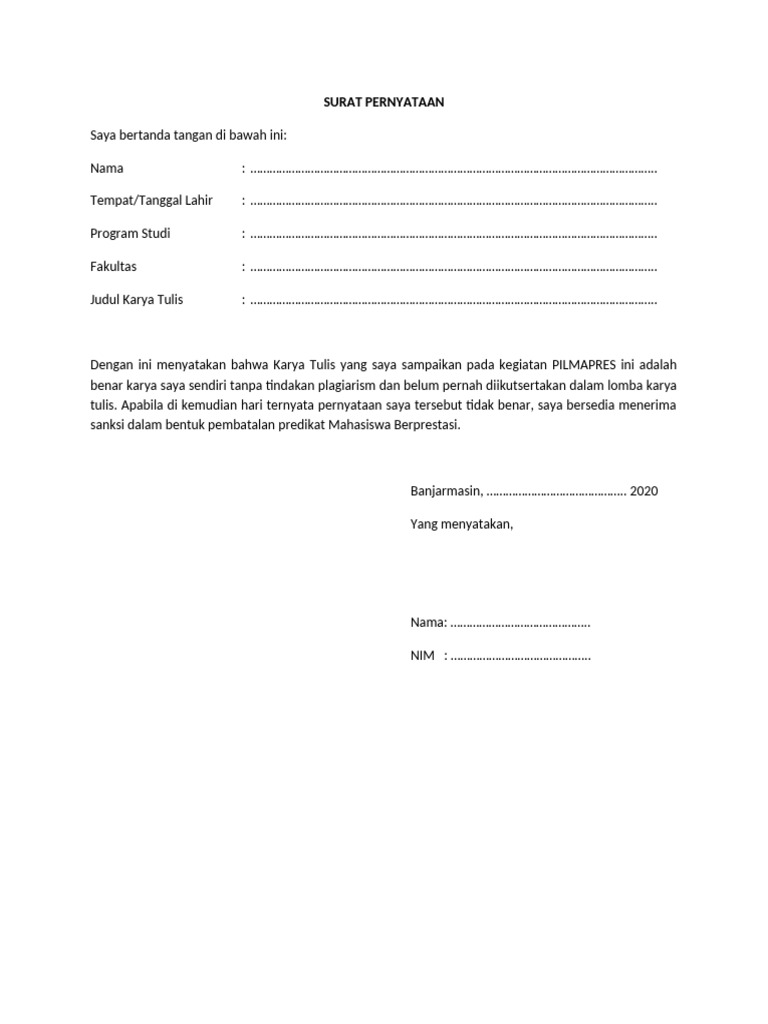 Surat Pernyataan Pilmapres | PDF