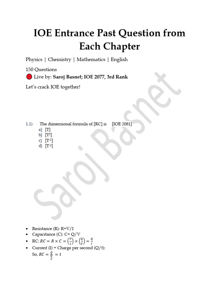 IOE Entrance Past Question From Each Chapter Saroj Basnet | PDF ...