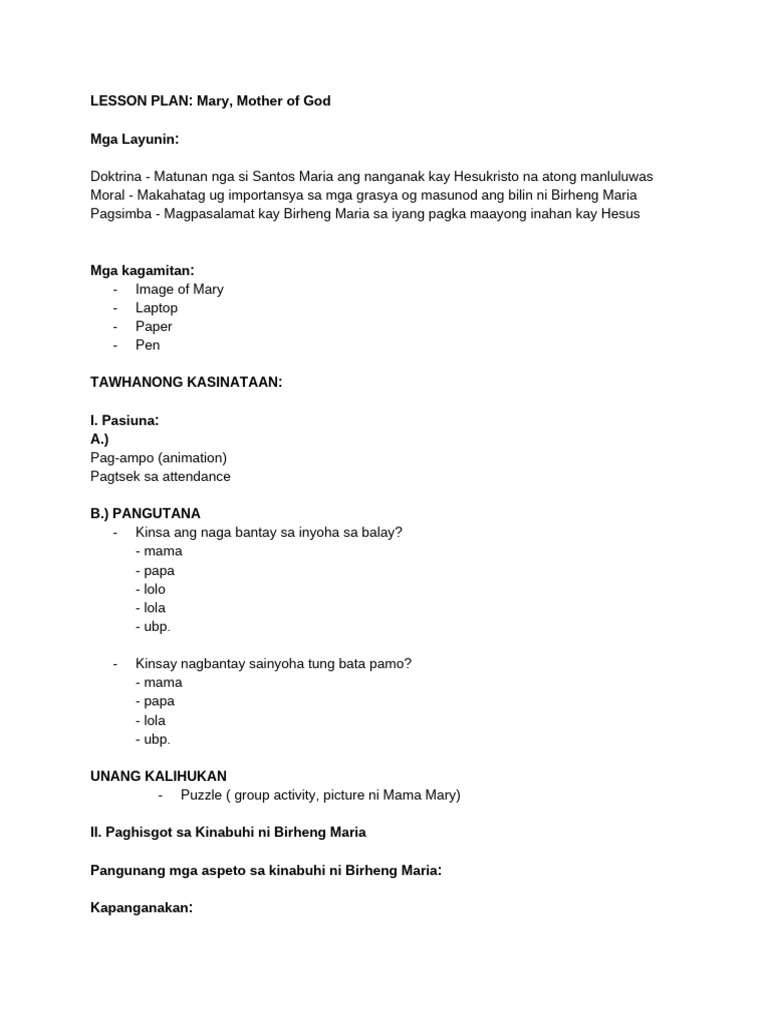 Lesson Plan - Mary Mother of God | PDF