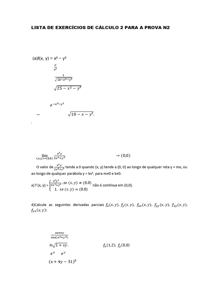 Lista de Exercícios de Cálculo 2 para A Prova n2 | PDF | Derivado | Pi