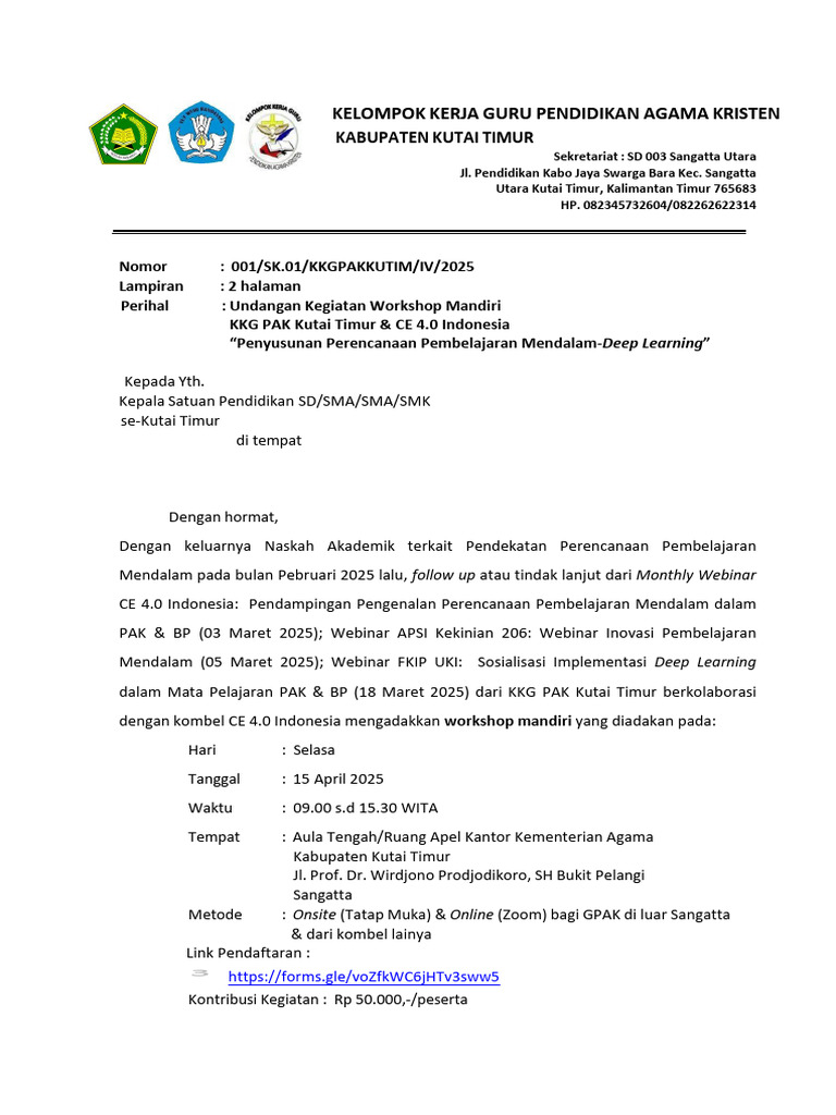 14 April 2025 - Surat Undangan Kegiatan Workshop Mandiri KKG PAK Kutai ...