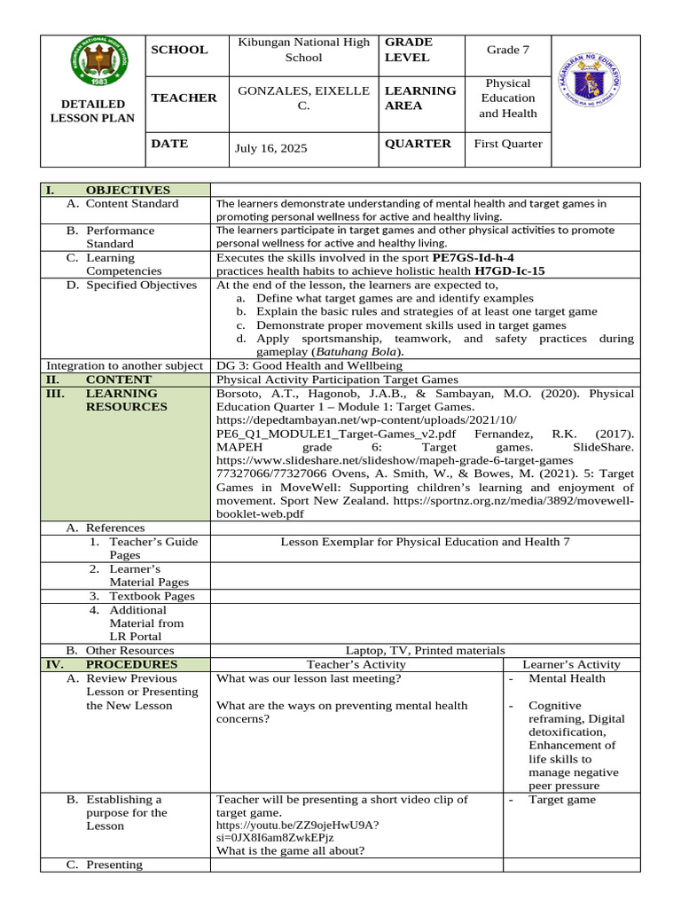 Grade 7 Target Games Lesson Plan | PDF | Cognition | Learning