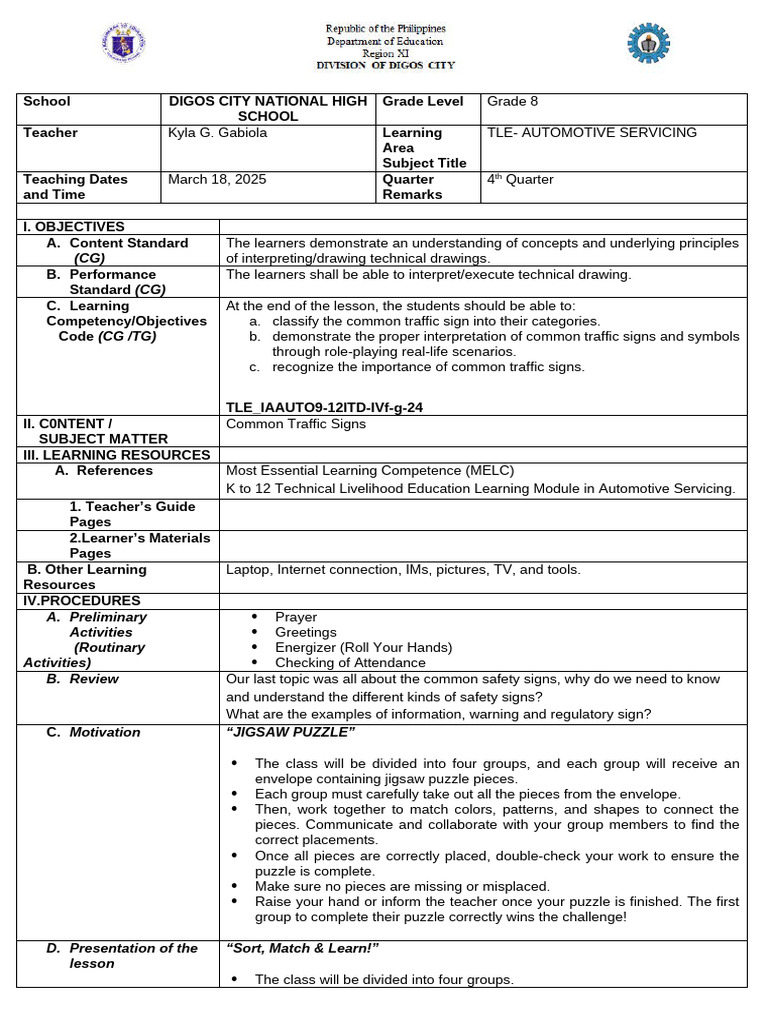 Grade 8 TLE: Traffic Signs Lesson Plan | PDF | Speed Limit | Traffic