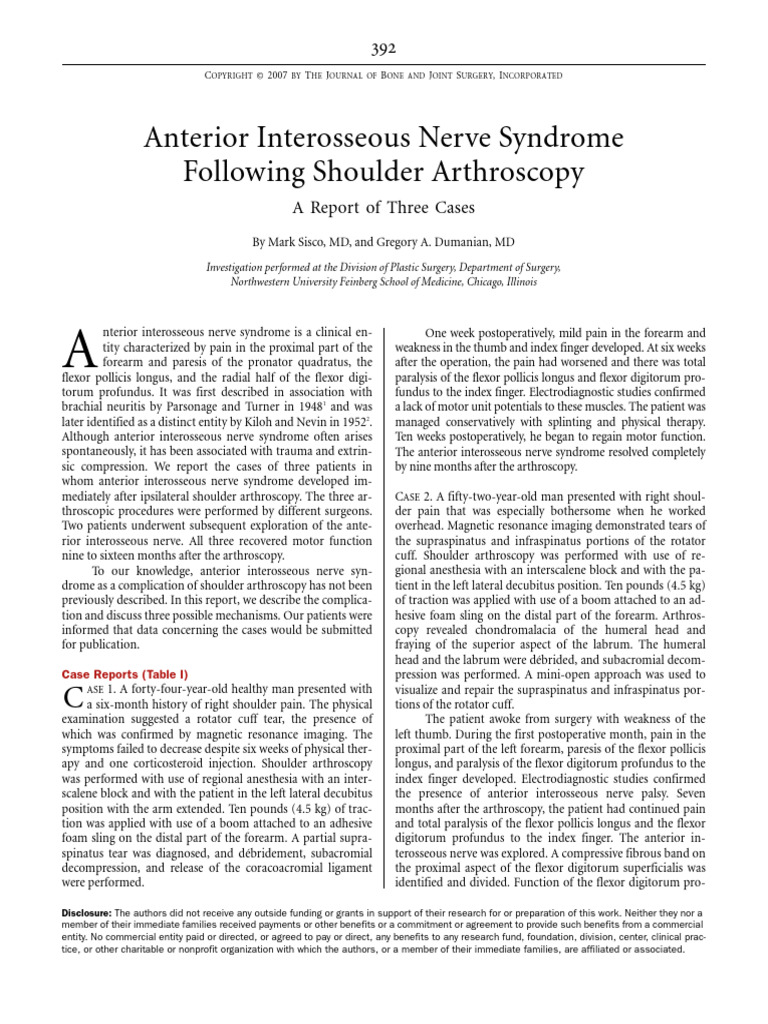 Anterior Interosseous Nerve Syndrome Following Shoulder Arthros | PDF ...