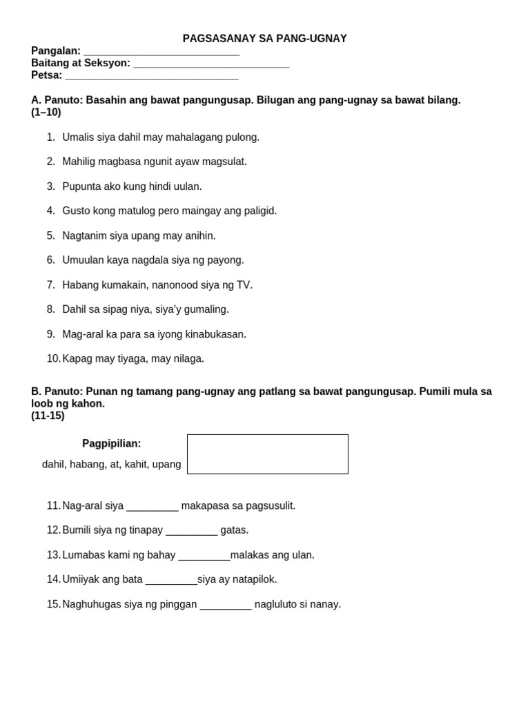 Pagsasanay Sa Pang-Ugnay | PDF