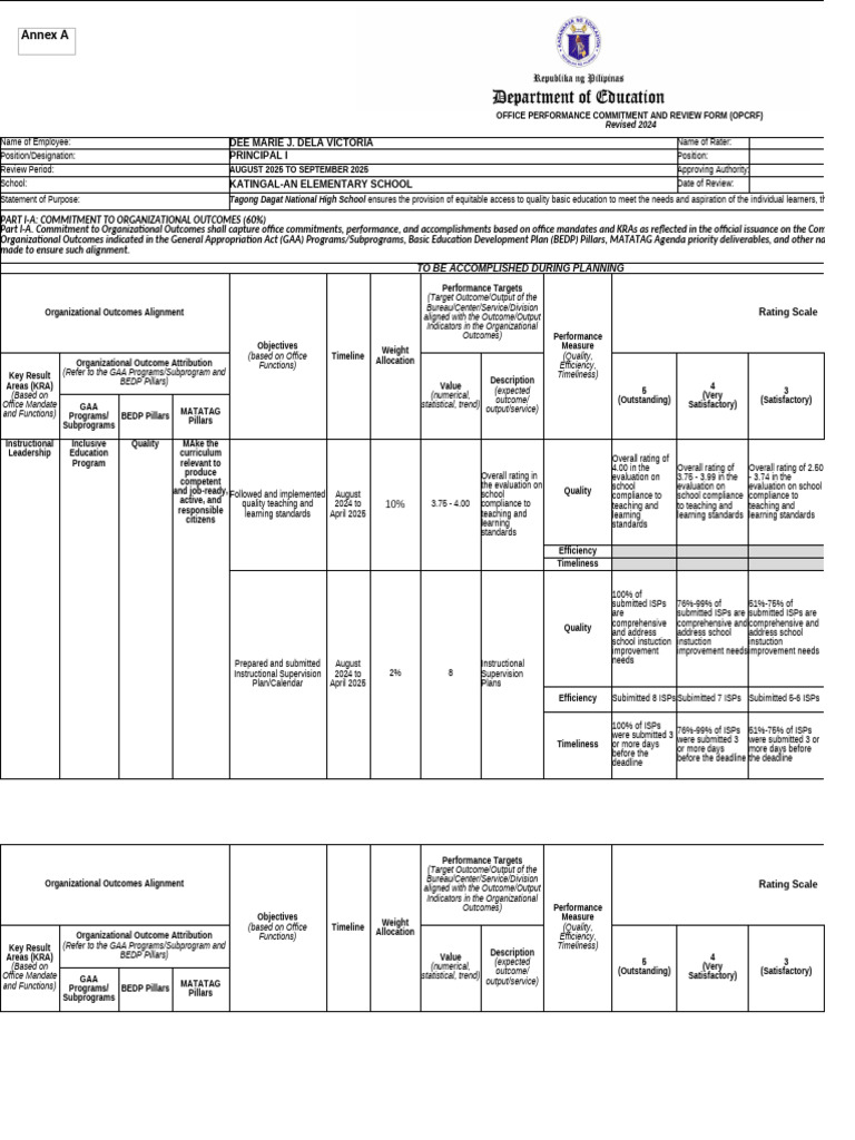 OPCRF Template for School Heads 2024 | PDF | Learning