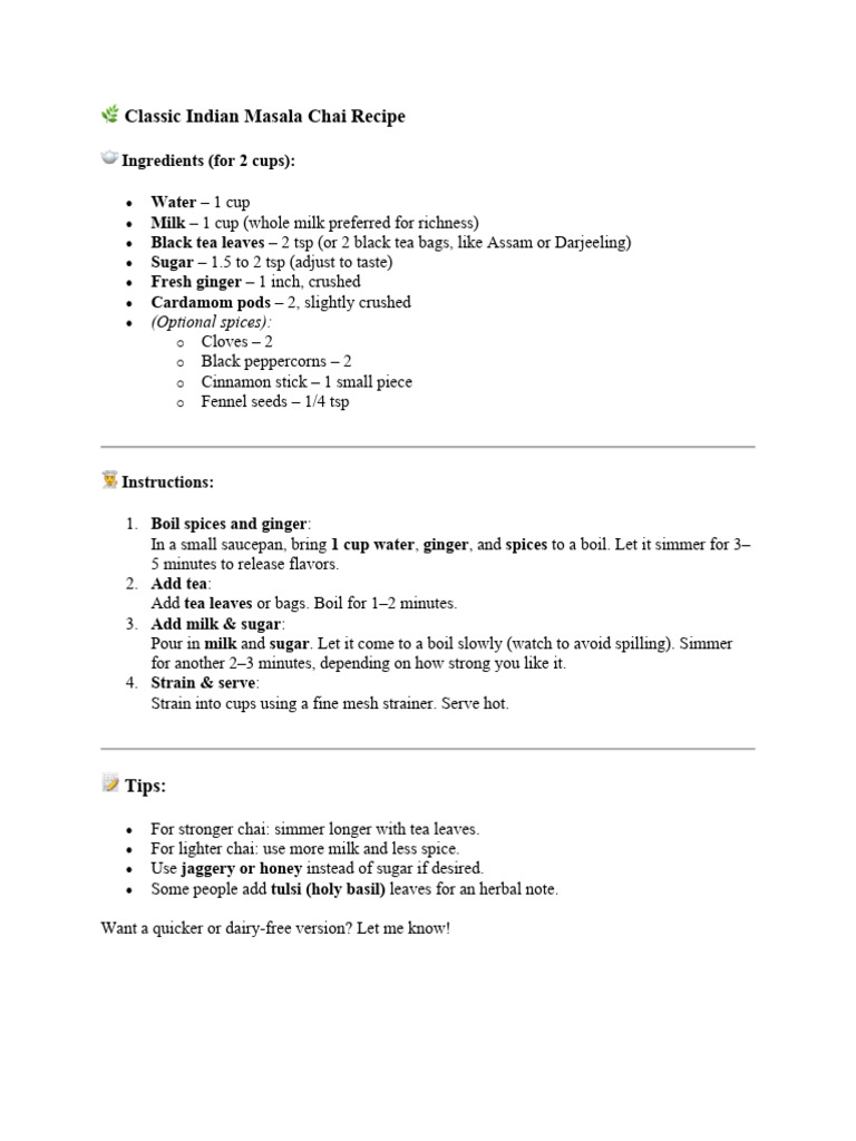 Classic Masala Chai Recipe Guide | PDF