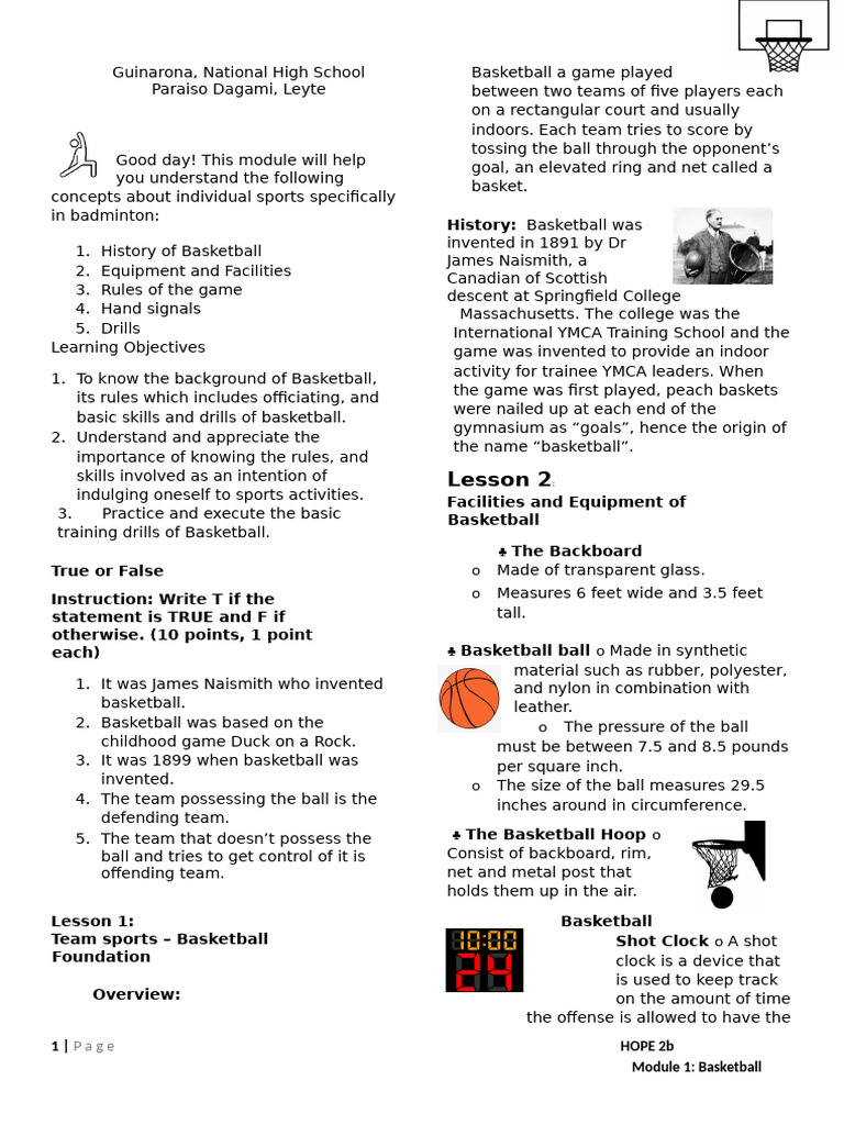 Basketbal Module g11 PE L1 To L4 | PDF | Basketball Positions | Games ...