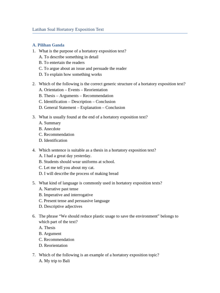 Hortatory Exposition Practice Questions | PDF