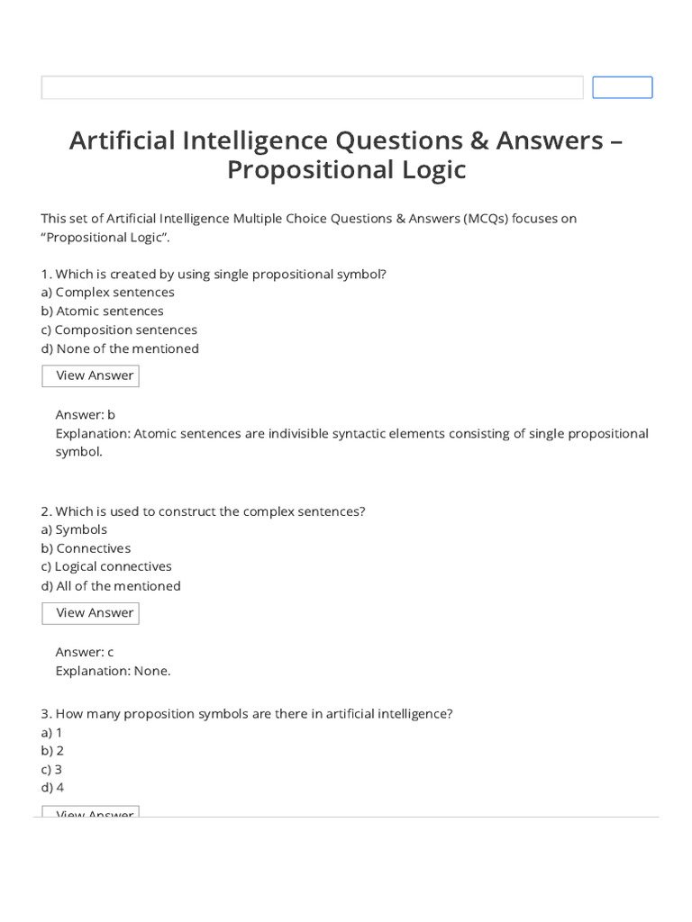 Propositional Logic - Artificial Intelligence Questions and Answers - Sanfoundry | PDF | Logic ...