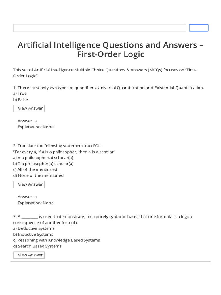 First Order Logic - Artificial Intelligence Questions and Answers - Sanfoundry | PDF | First ...