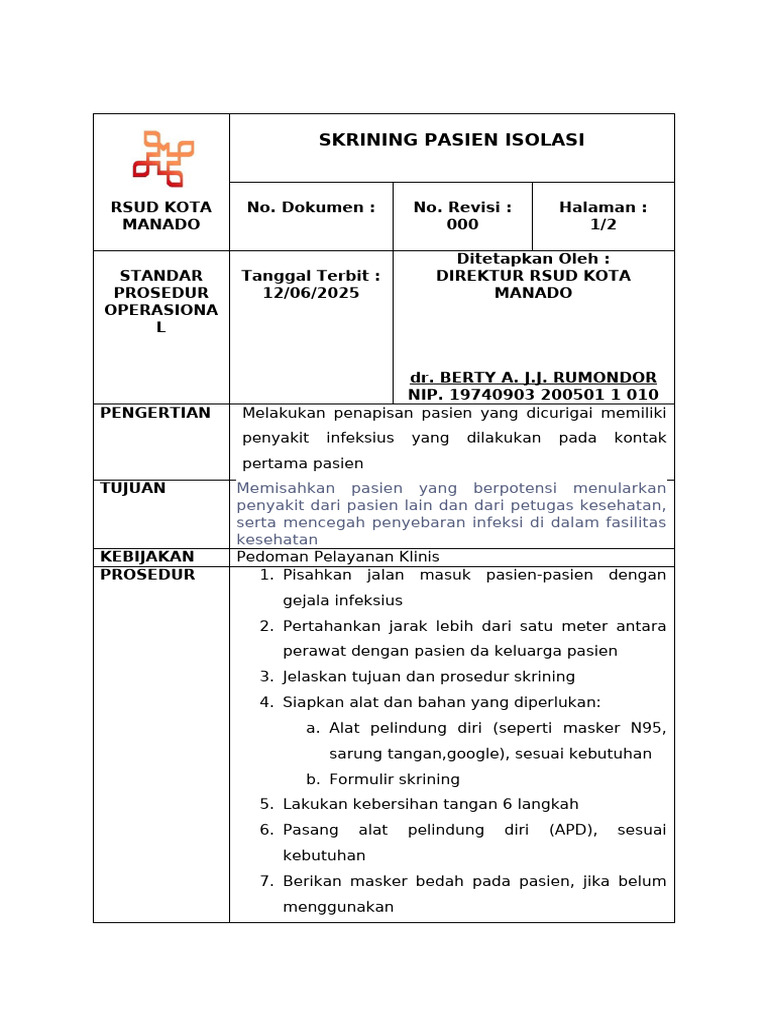 Sop Skrining Pasien Isolasi | PDF