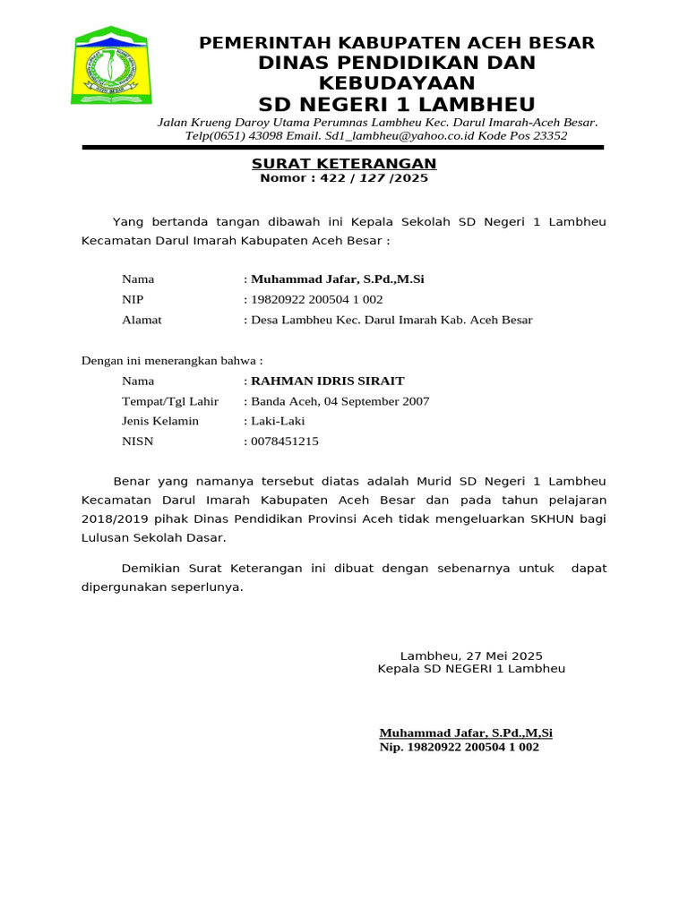 Surat Keterangan Tanpa SKHUN SD | PDF
