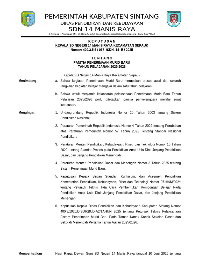 SK Panitia PPDB SD 2025-2026 | PDF