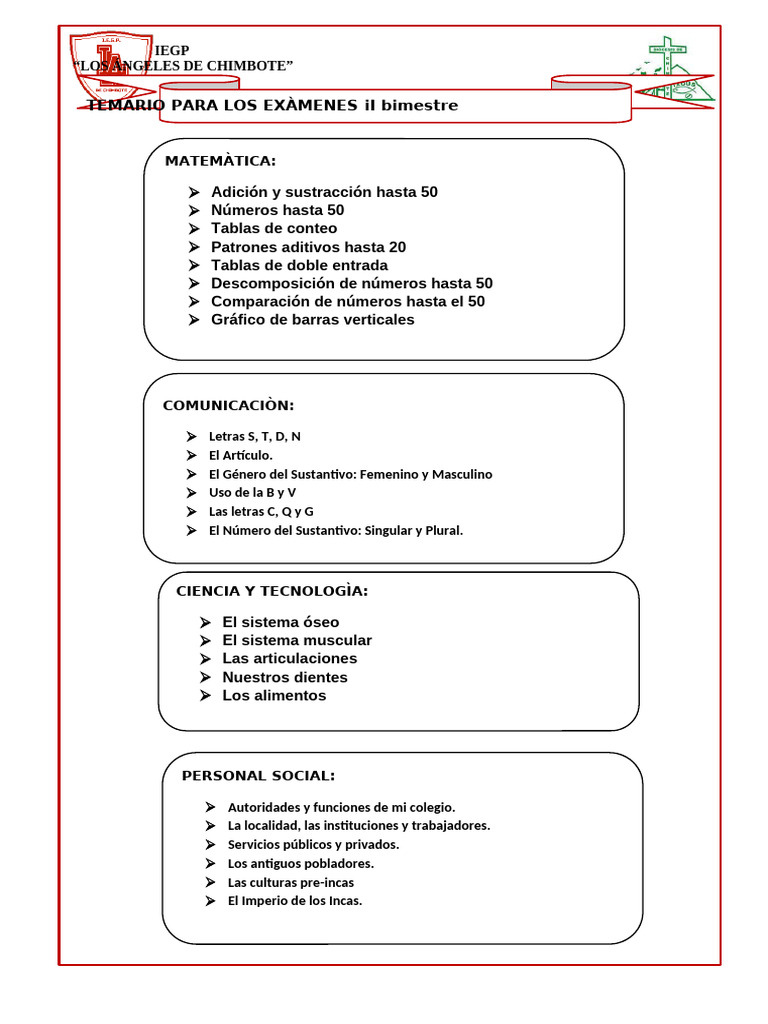 Temario - de - Los - Examenes Iibimestre 1er Gardo | PDF