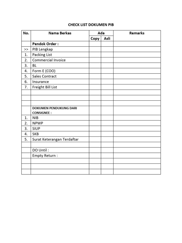 Check List Dokumen Pib | PDF