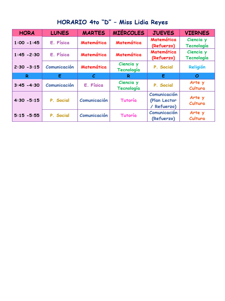 Horario 4to D - Miss Lidia Reyes | PDF