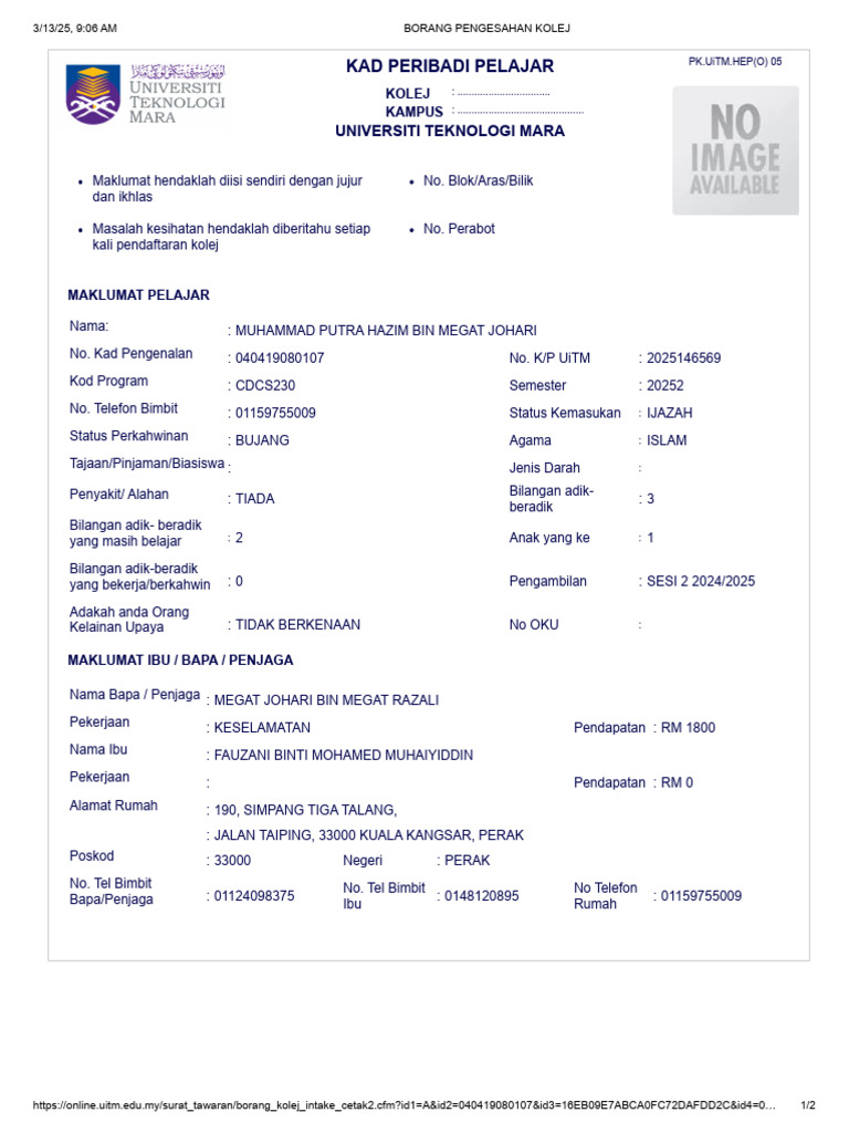 Borang Pengesahan Kolej | PDF