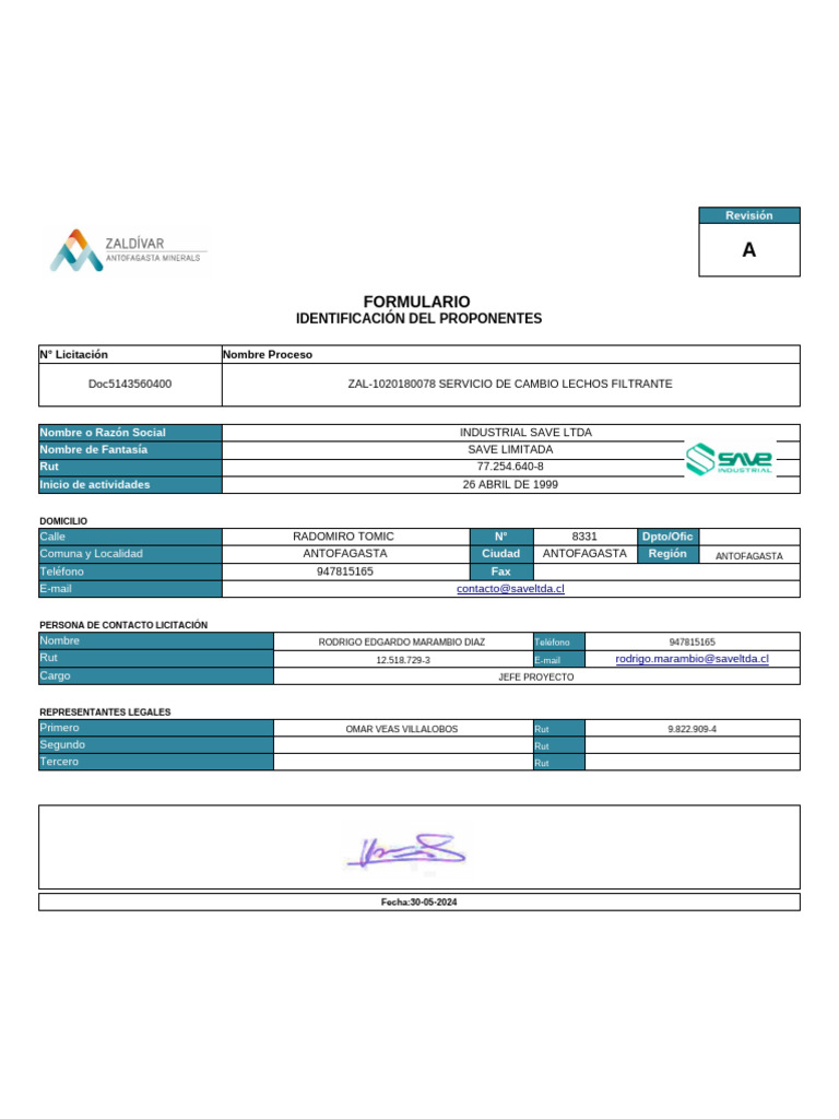 2.-Formulario Identificación Proponente ZAL-1020180078 Servicio de ...