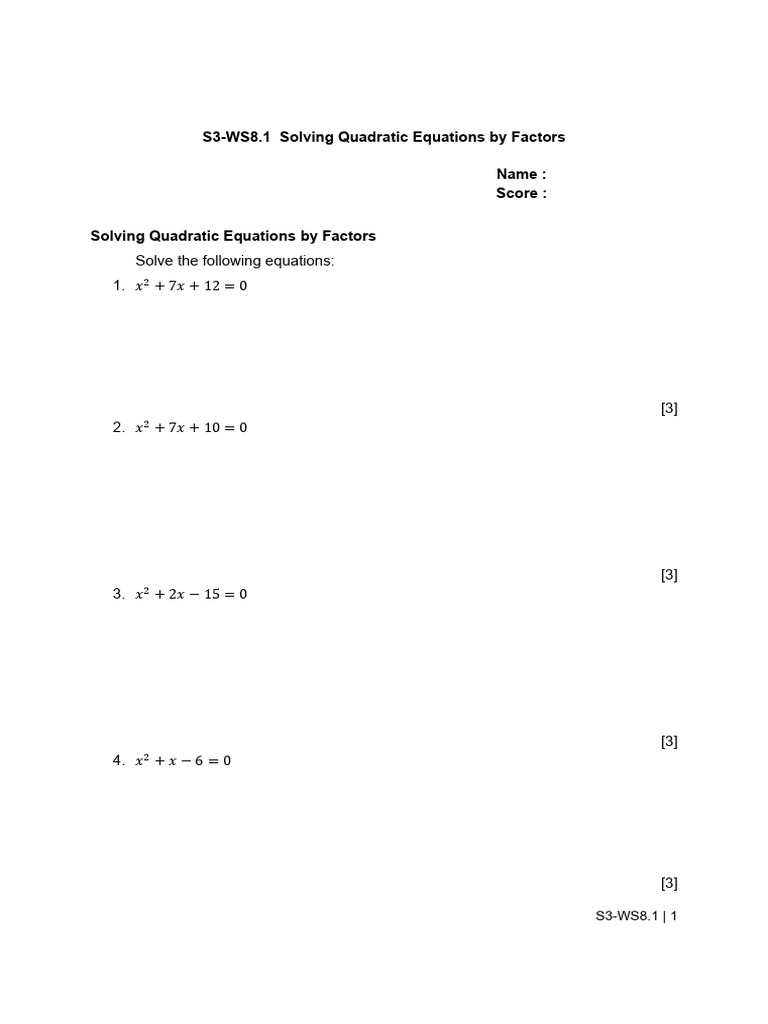 S3-WS8.1 Solving Quadratic Equation by Factorising | PDF