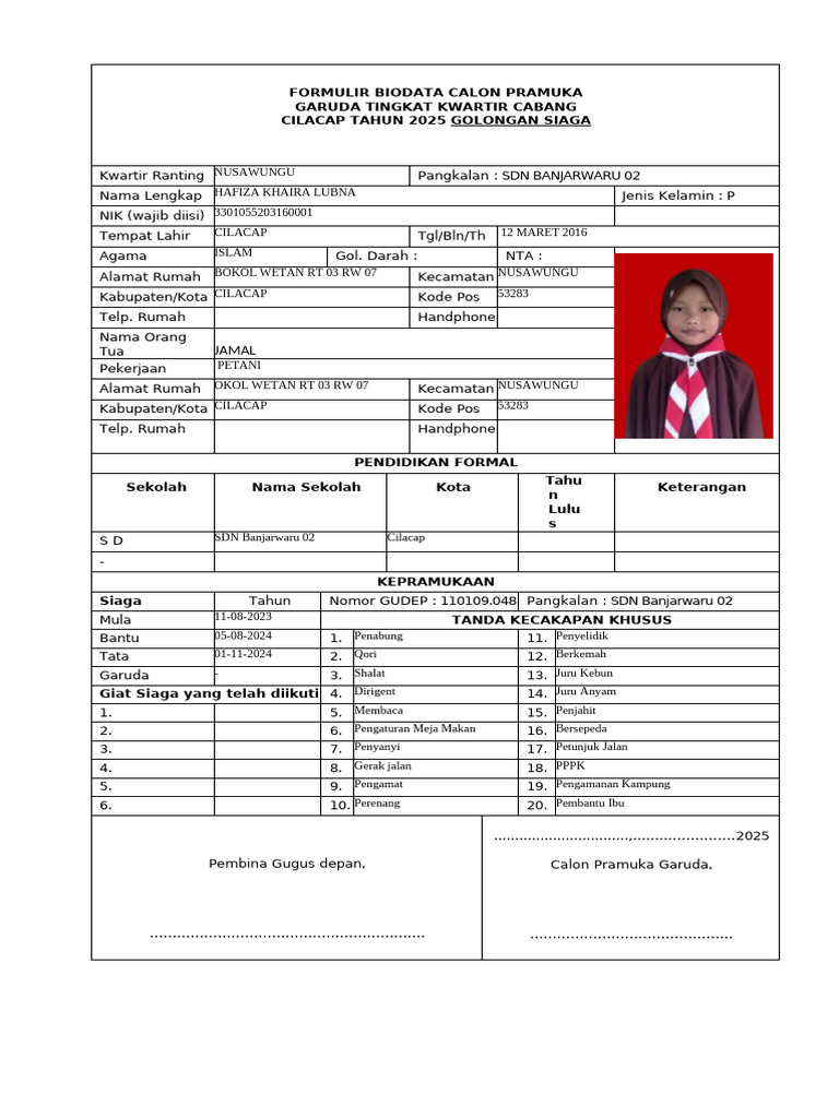 Formulir Biodata Calon Pramuka Garuda Tingkat Kwar | PDF