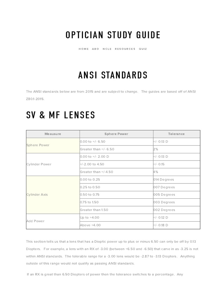 WWW Opticianstudy Com Ansi Standards Optical Abo | PDF