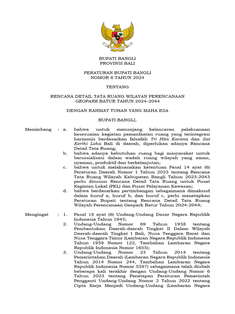 Batang Tubuh Perbup RDTR WP Geopark Batur | PDF