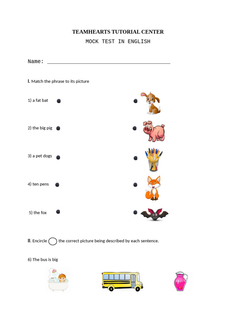 English Mock Test for Kids | PDF