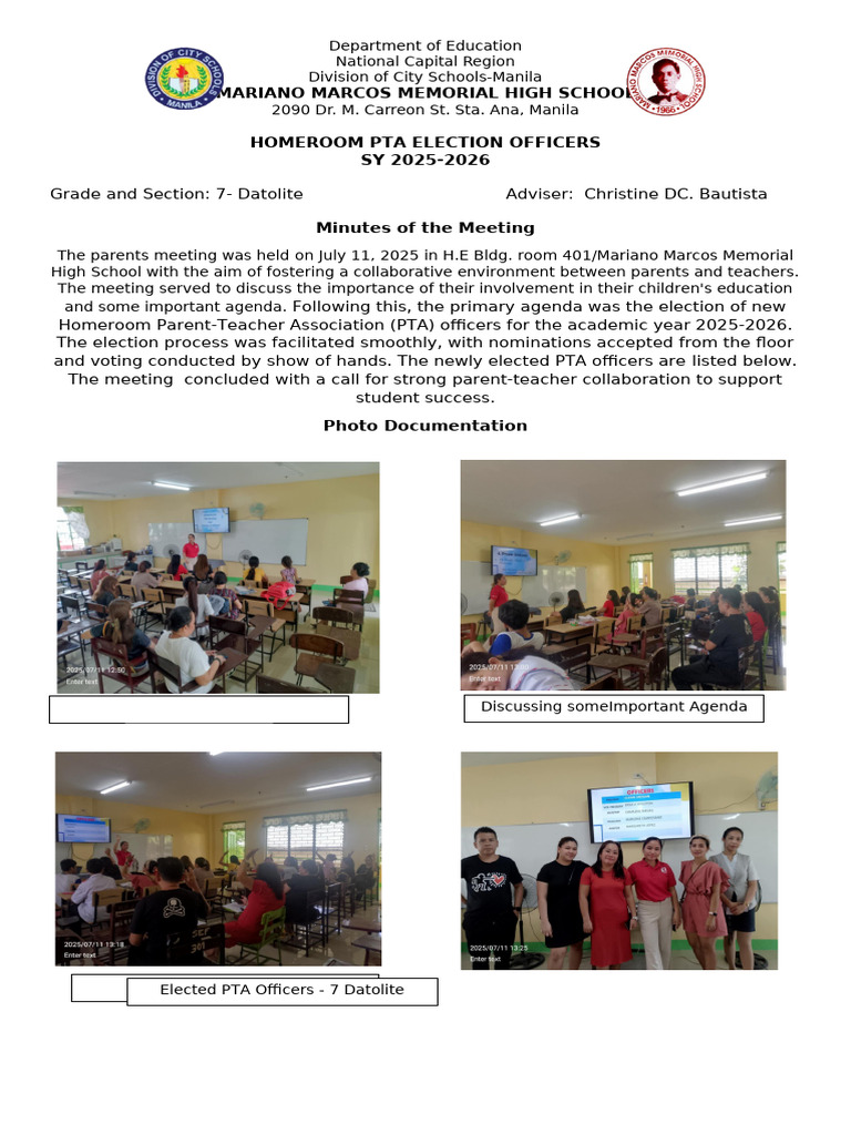 Homeroom PTA Officers 2025-2026 | PDF
