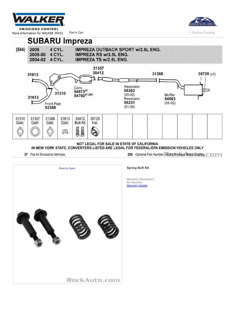 Spring and Bolt Kit - Exhaust System Diagram | PDF