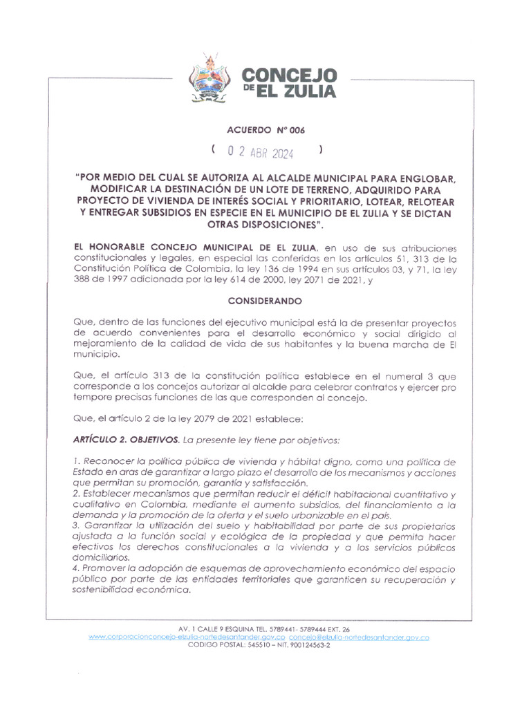Acuerdo No 006 02abril2024 - Cambiodestinolotepara VIS VIP Importante | PDF