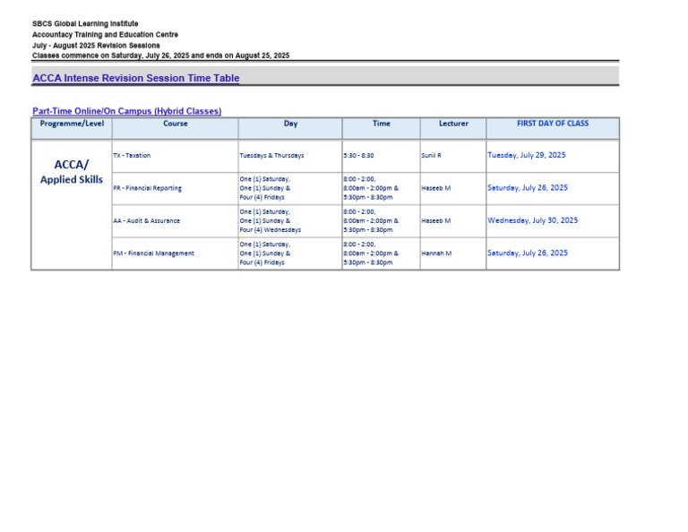 ACCA Exam Schedule July-August 2025 | PDF