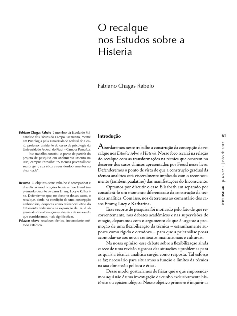Recalque Psicanálise Metapsicologia Freud | PDF | Sigmund Freud | Hipnose