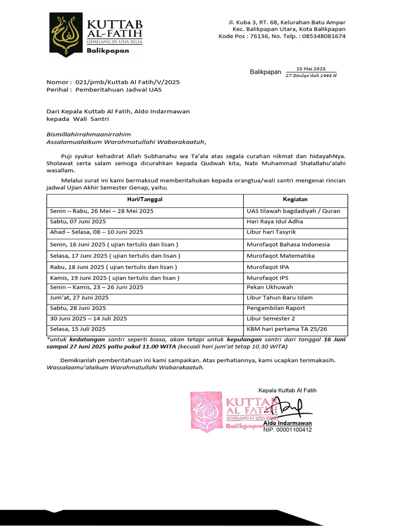 Jadwal UAS Kuttab Al Fatih 2025 | PDF
