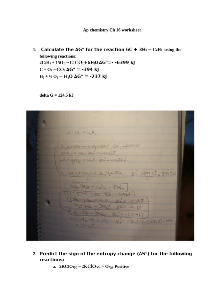 AP Chemistry CH 16 Worksheet | PDF