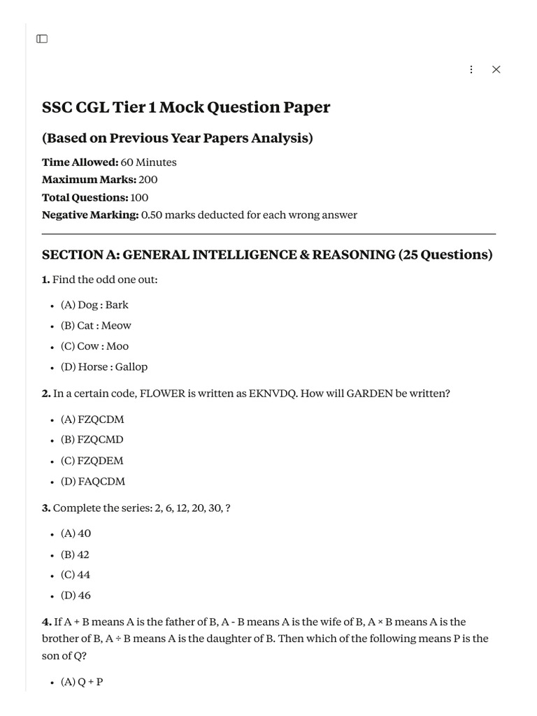 SSC CGL Tier 1 Mock Question Paper (Based On PYP Analysis) | PDF ...