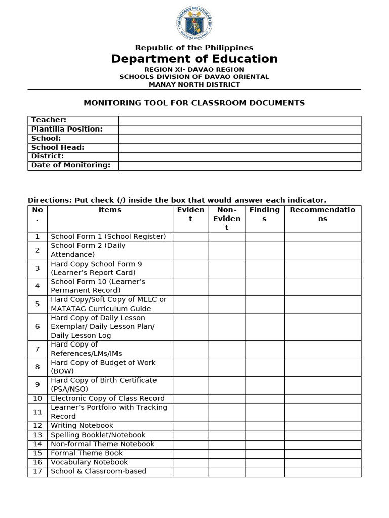 Classroom Document Monitoring Tool | PDF | Behavior Modification ...