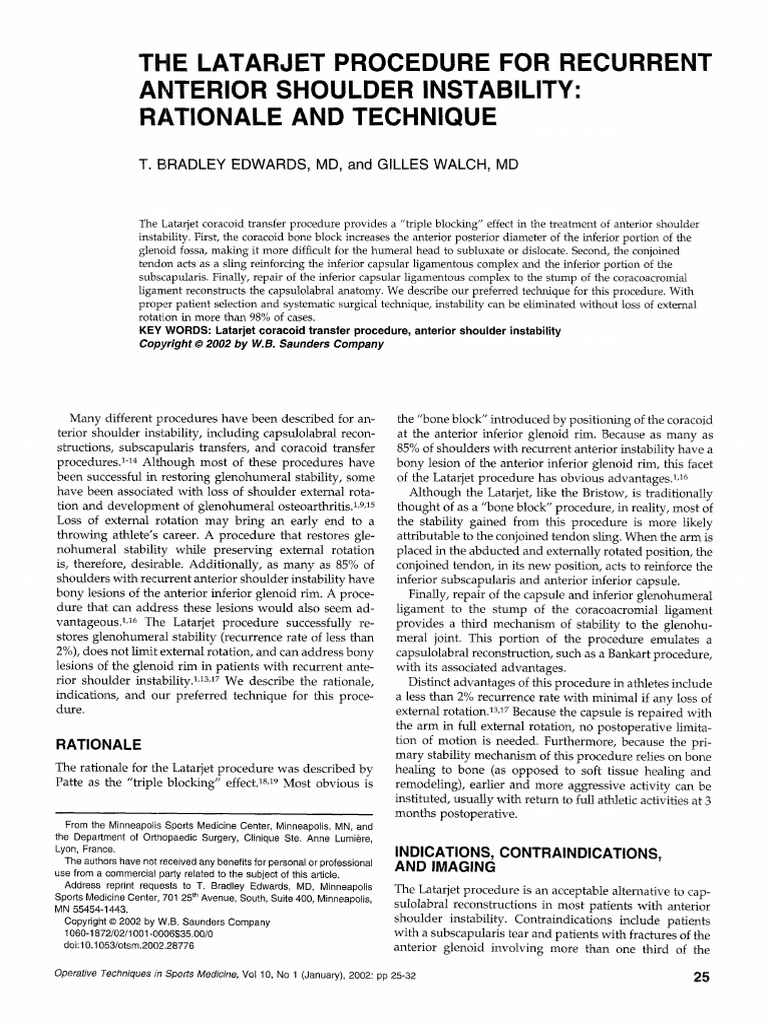 The Latarjet Procedure For Recurrent | PDF | Limbs (Anatomy) | Joints