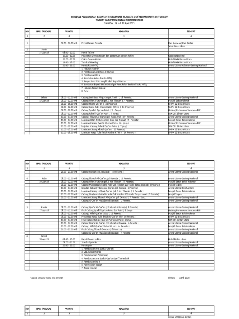 Jadwal MTQ - 2025 Ok | PDF