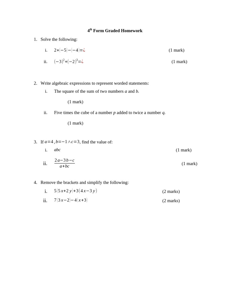4th Form Graded Home Work - Algebra 1 | PDF
