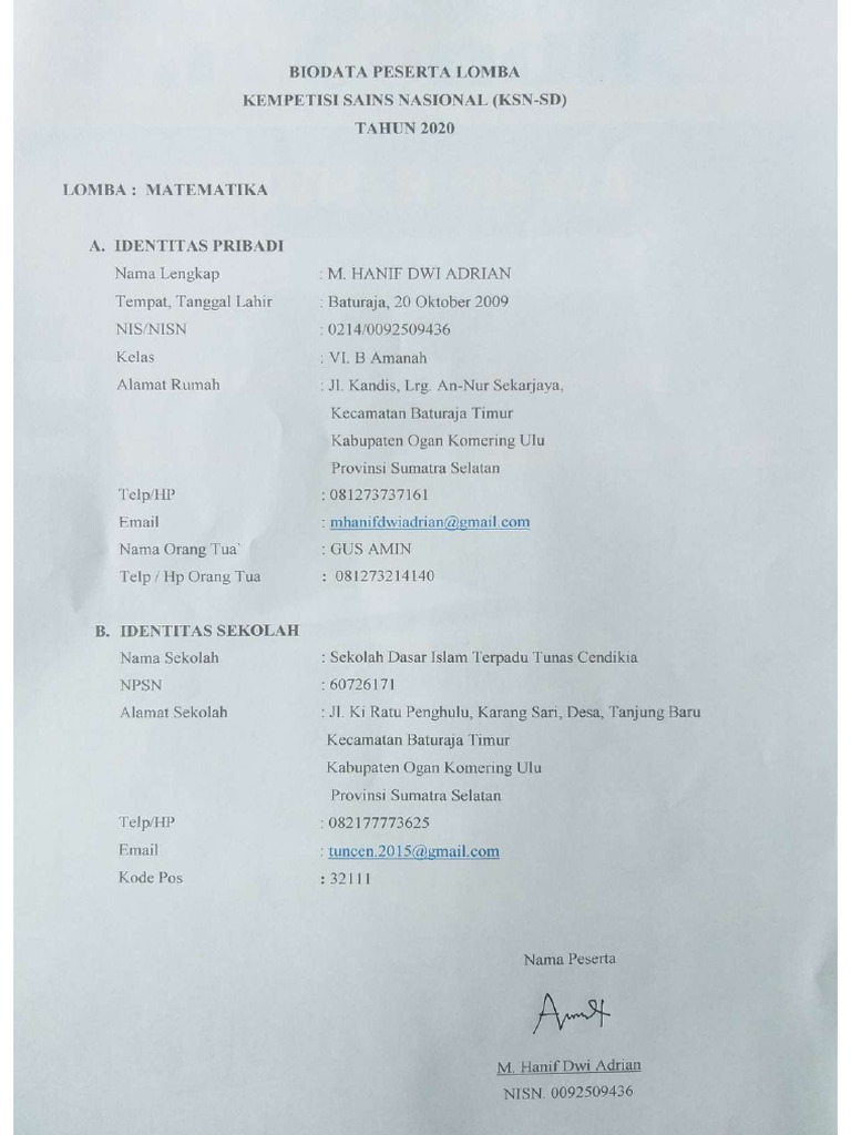 Biodata Peserta Adrian SD IT Tunas Cendikia | PDF