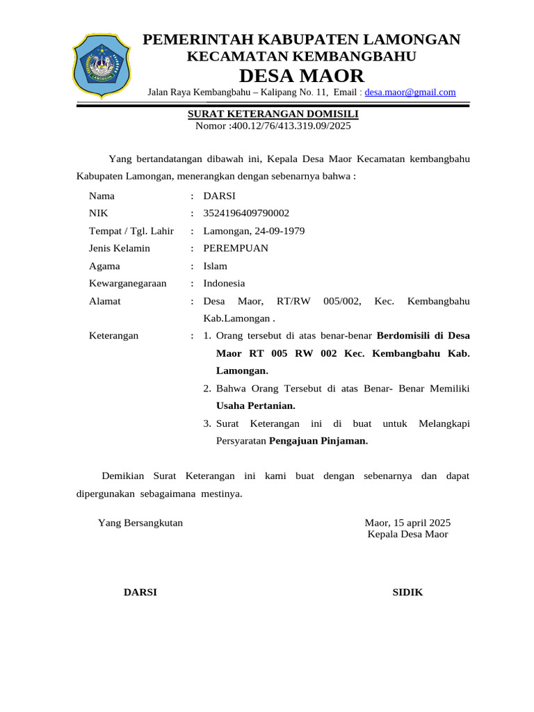 Surat Keterangan Domisili Desa Maor | PDF