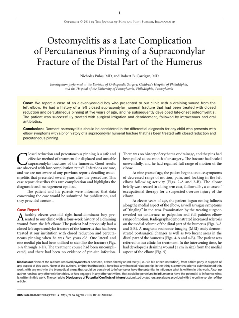 Osteomyelitis As A Late Complication of Percutaneous Pinning of A ...